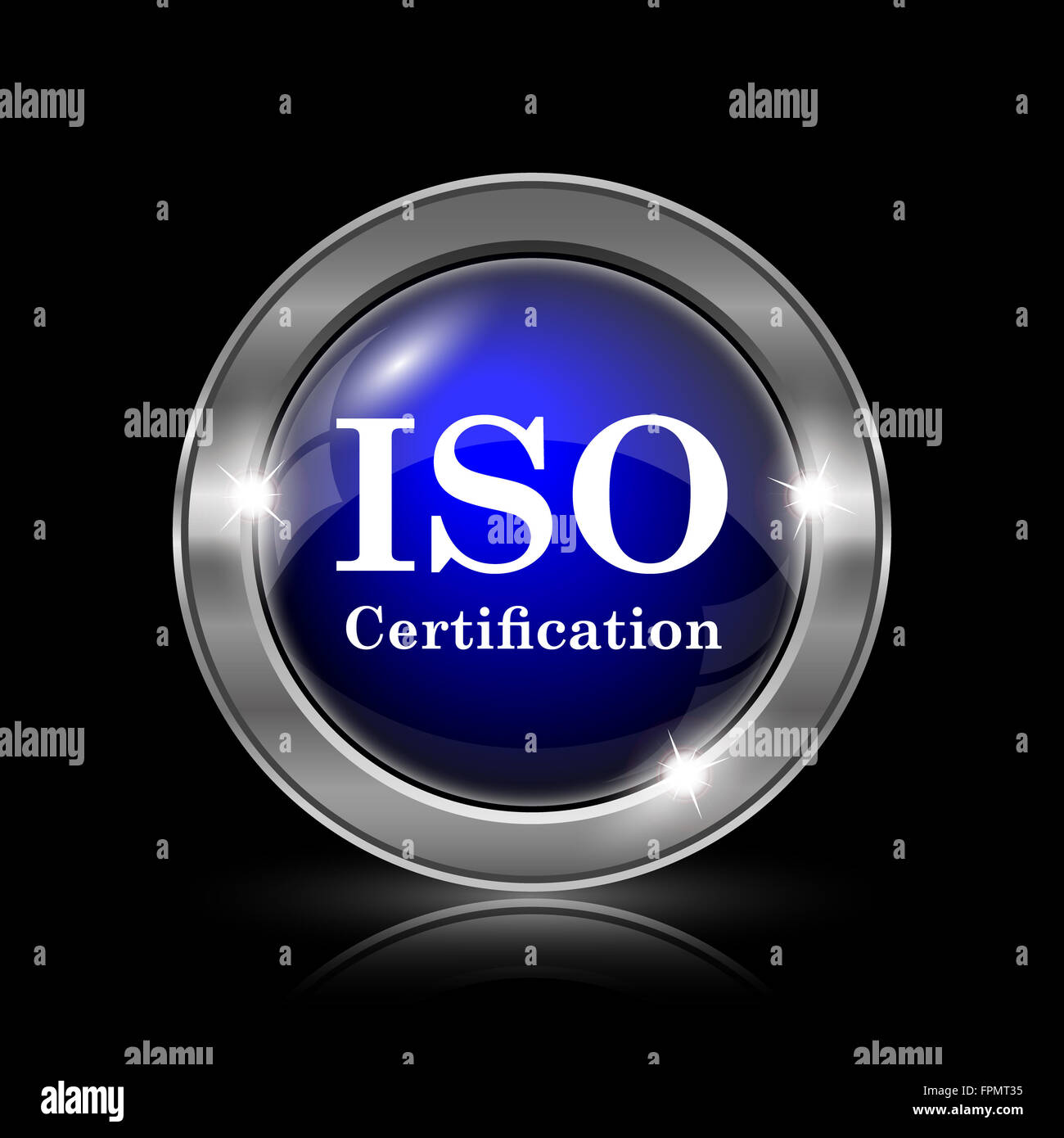 ISO certification icon. Metallic internet button on black background ...