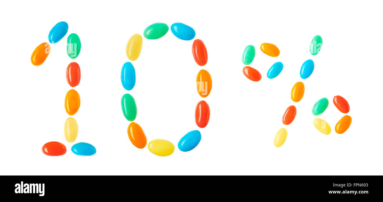 10% lettering made of multicolored candies isolated on white background ...