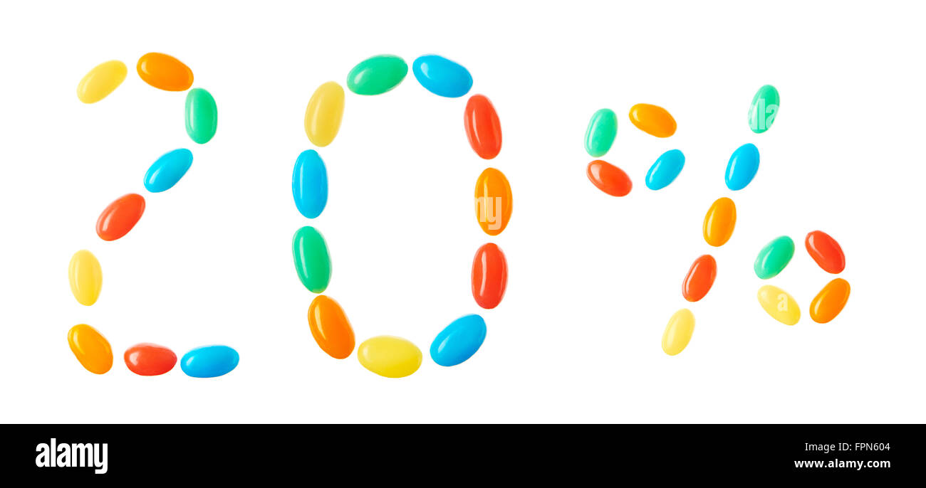 20% lettering made of multicolored candies isolated on white background ...
