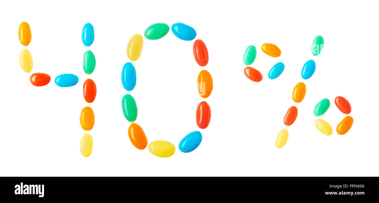 40% lettering made of multicolored candies isolated on white background ...