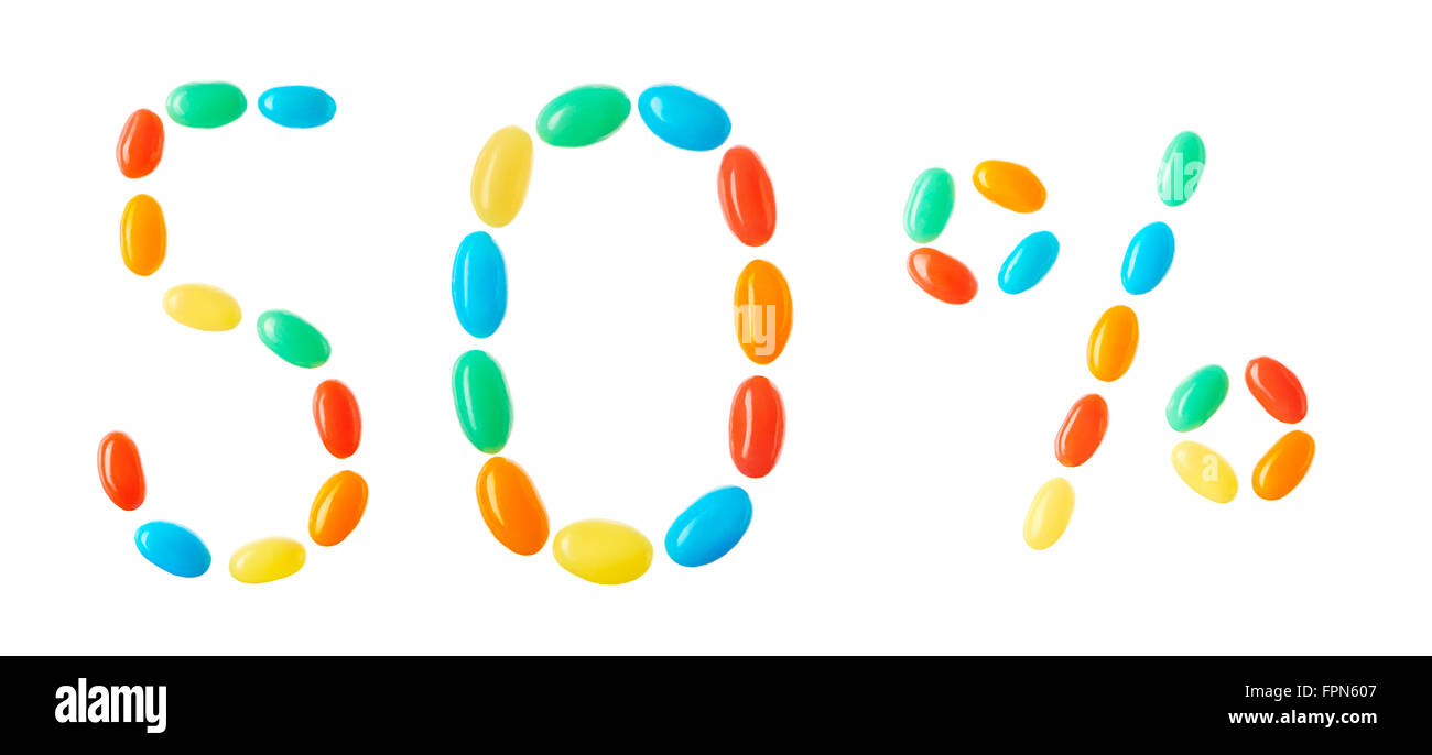 50% lettering made of multicolored candies isolated on white background ...
