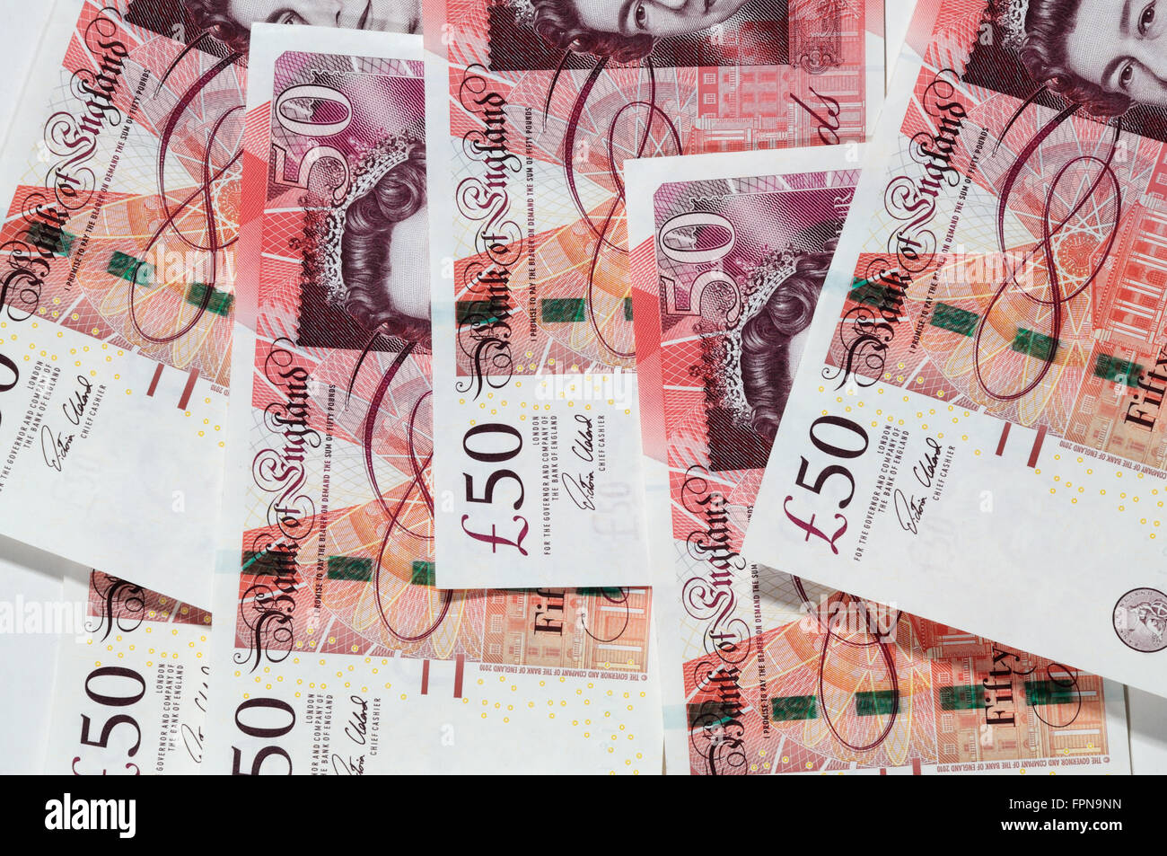 Scattered English sterling fifty pound notes, England, UK, Western ...