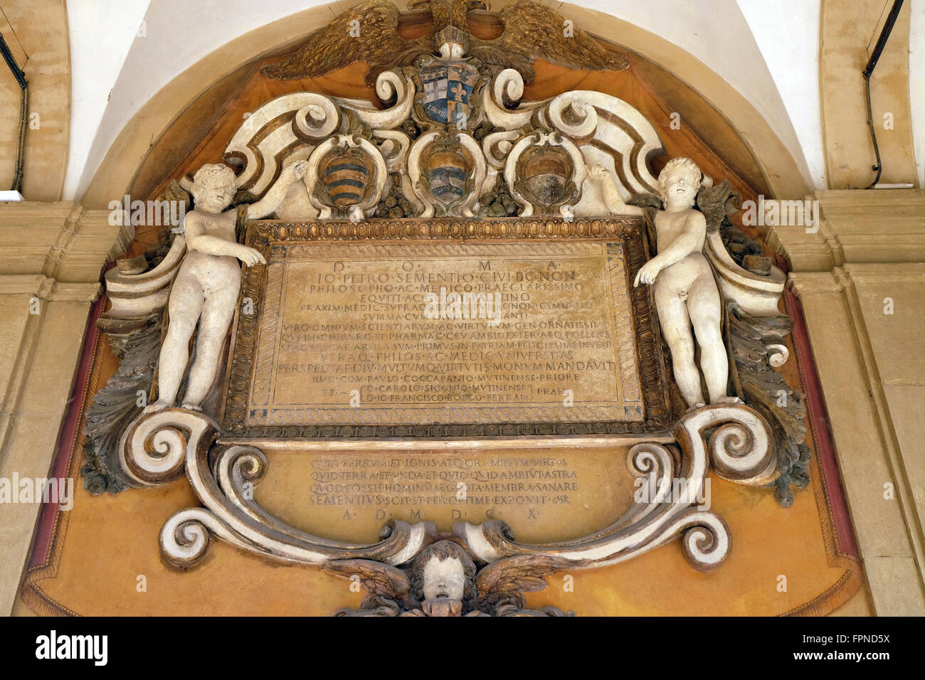 External atrium of Archiginnasio in Bologna, Italy on June 04, 2015 ...