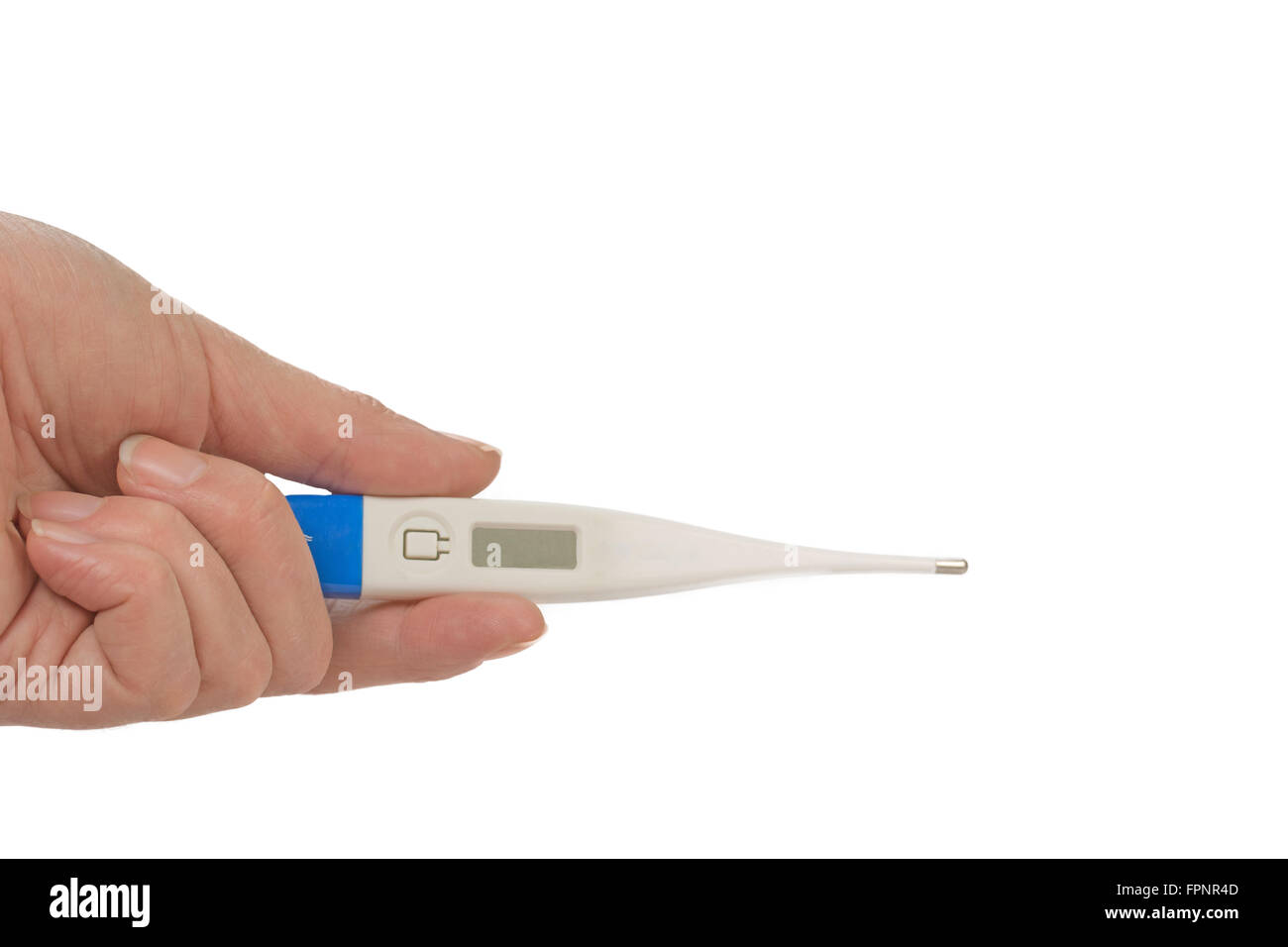 Female hand is holding a digital thermometer with an blank, clean ...