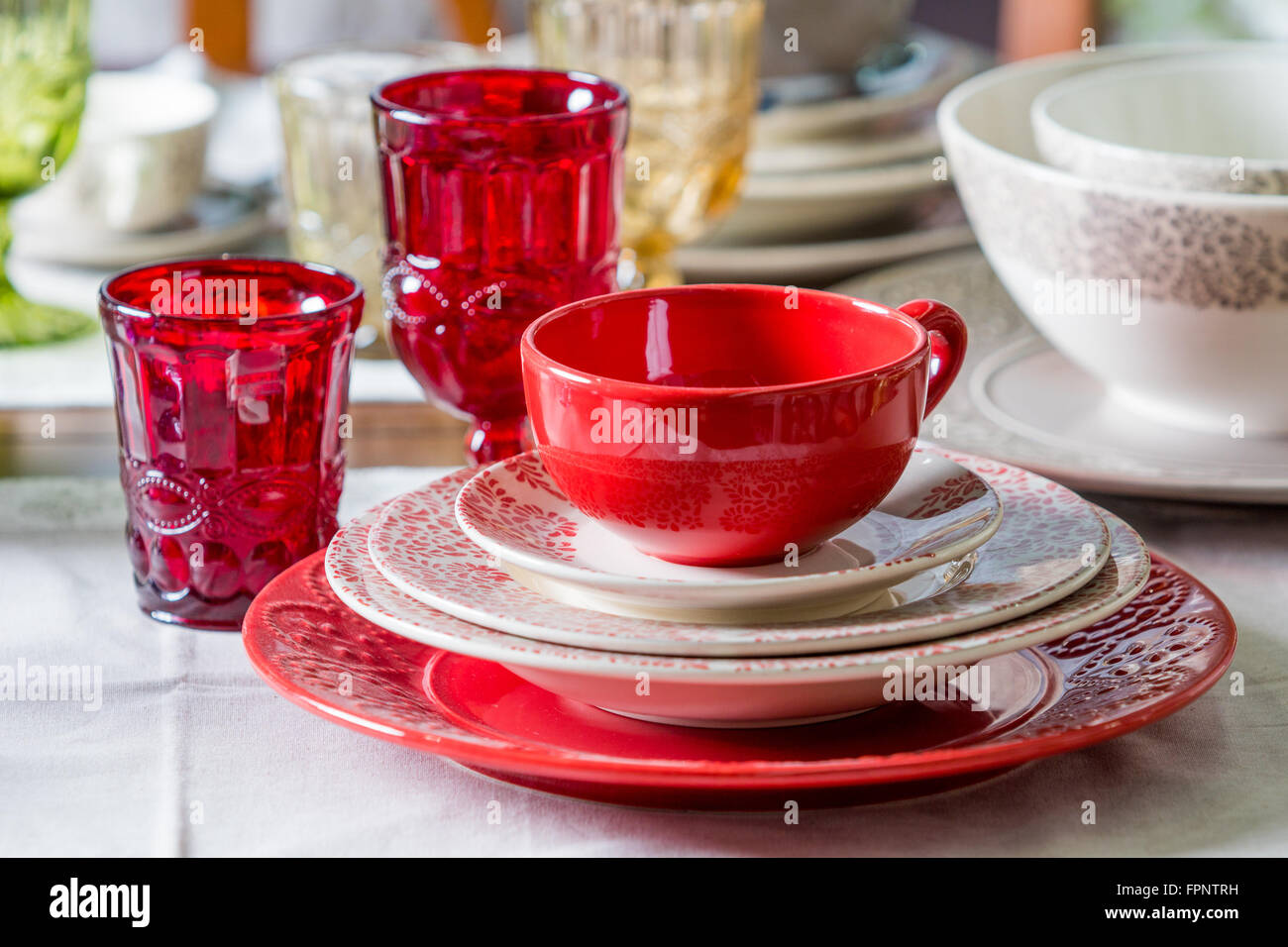 red country styled plates, cup and wineglasses set Stock Photo - Alamy