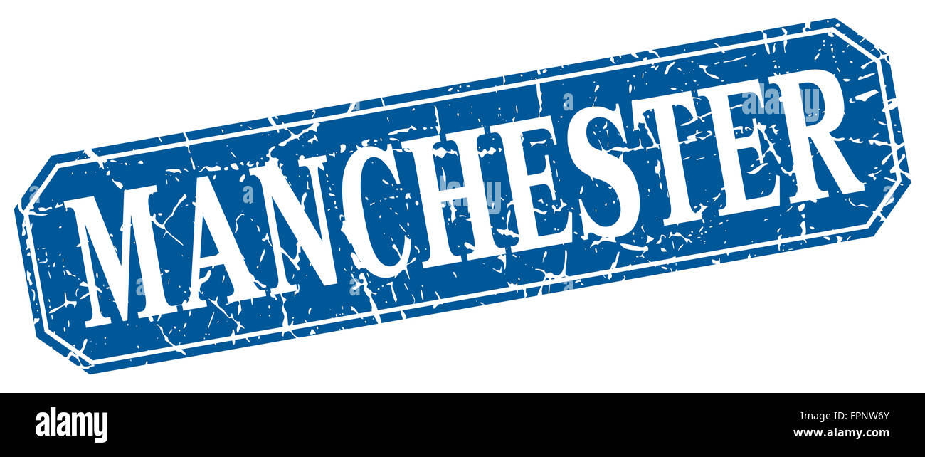 Manchester blue square grunge retro style sign Stock Photo - Alamy