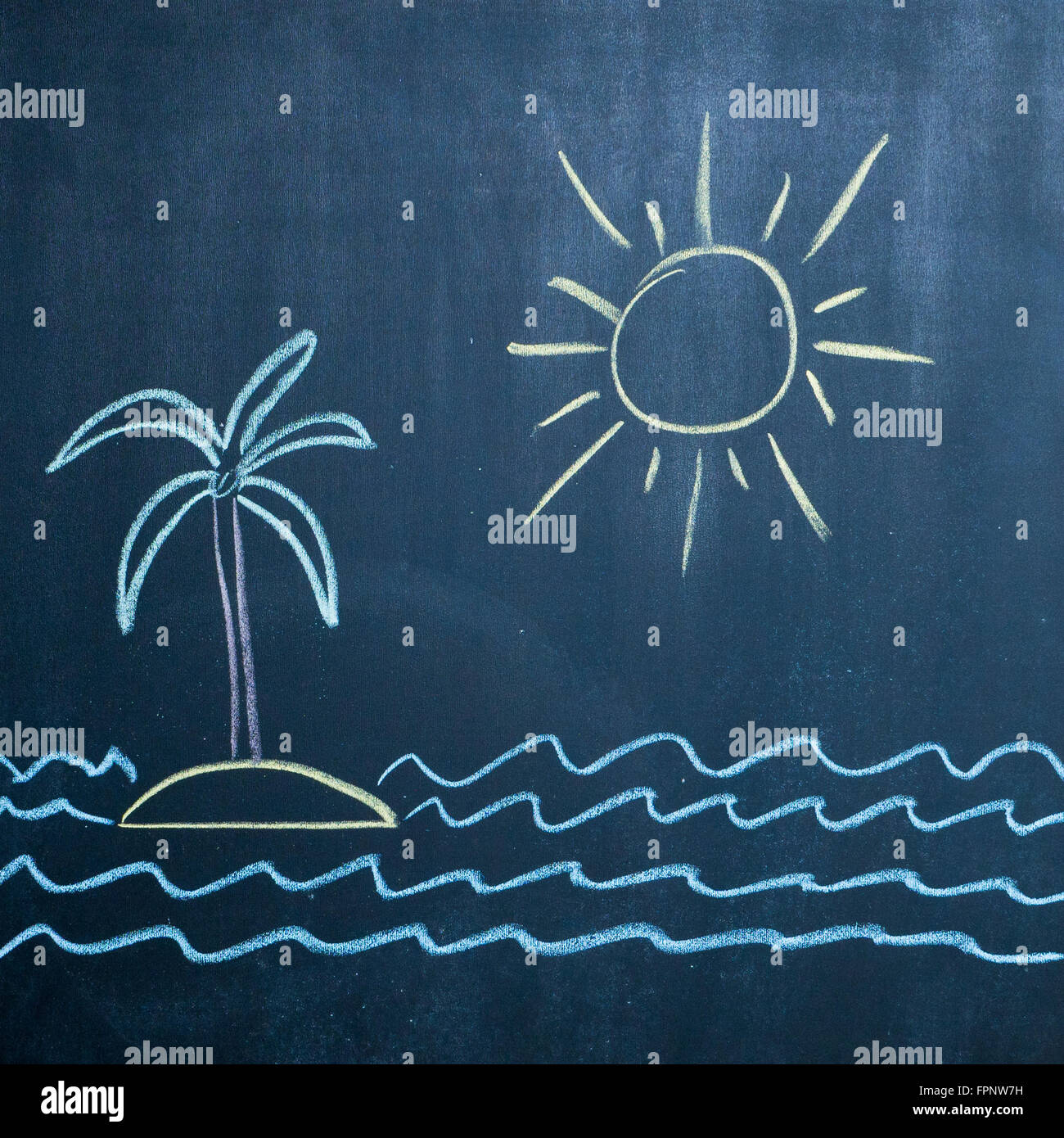 sun, sea and island with palm drawing on black chalkboard Stock Photo ...