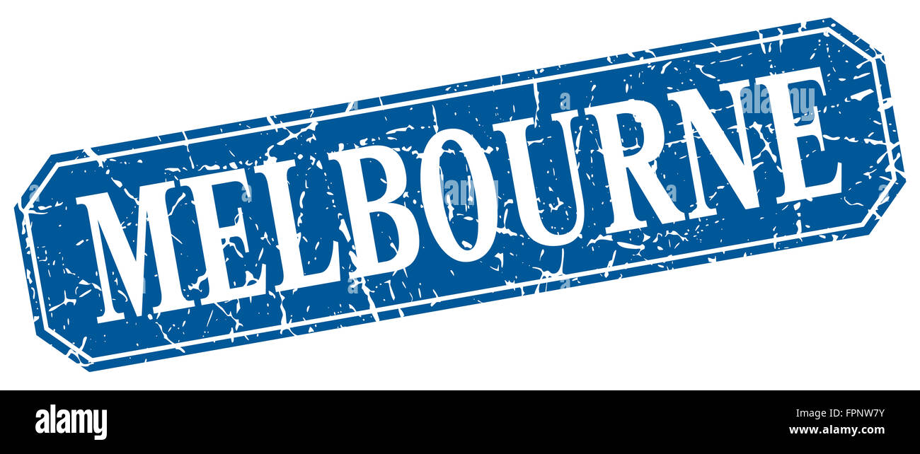 Melbourne blue square grunge retro style sign Stock Photo - Alamy