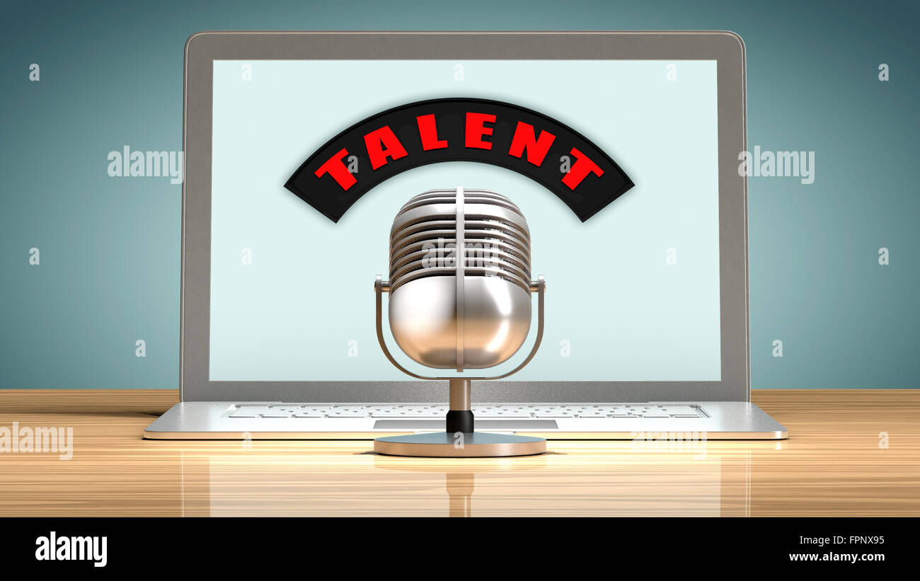 Laptop in front of a vintage microphone. Metaphor on talent recruitment ...