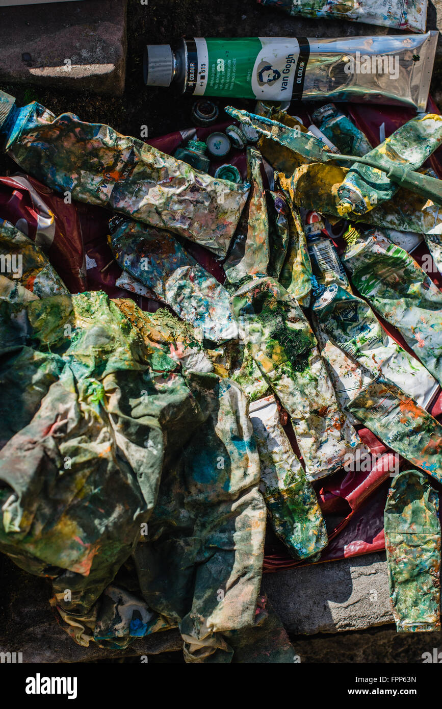 Old tubes of paint with different colours close up Stock Photo - Alamy