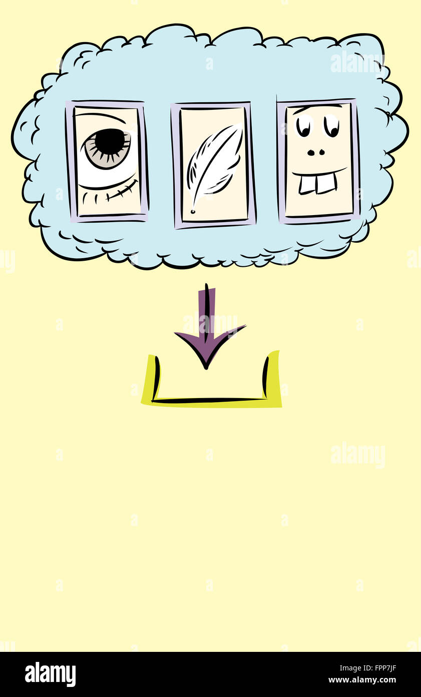 Sketchy doodle of silly icons as files in computer server cloud ready ...