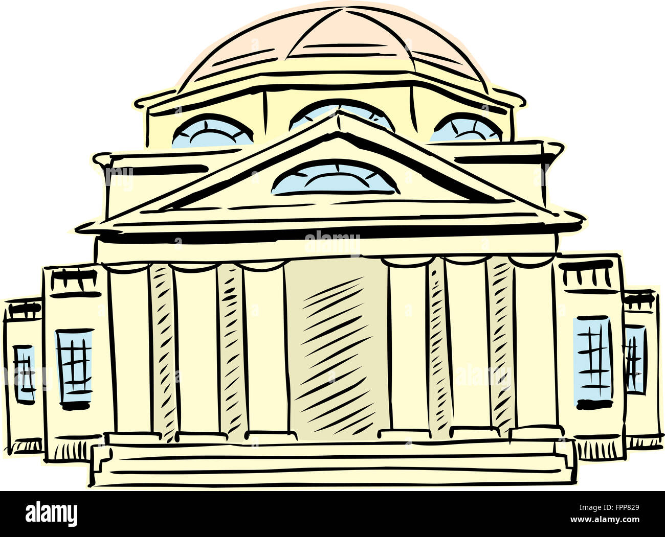 Exterior front view on single neoclassical building with obscured ...