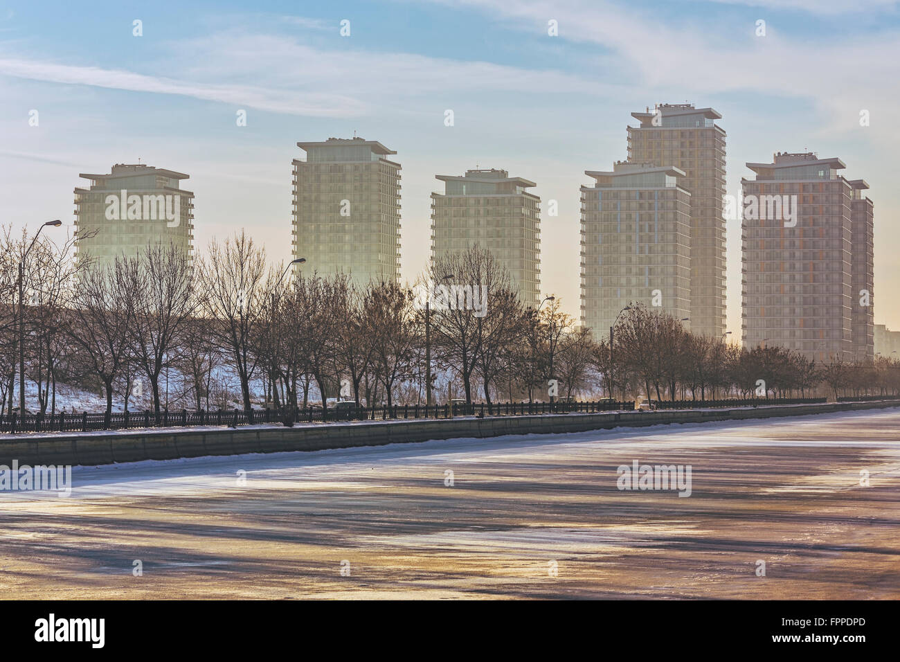 Picturesque morning scenery with modern high rise block of flats near ...