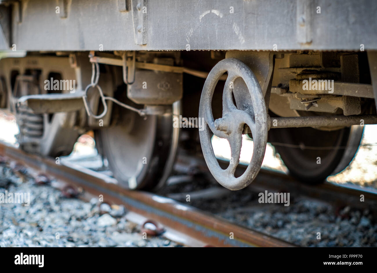 Wheels, tracks, levers, springs and all other train things Stock Photo ...