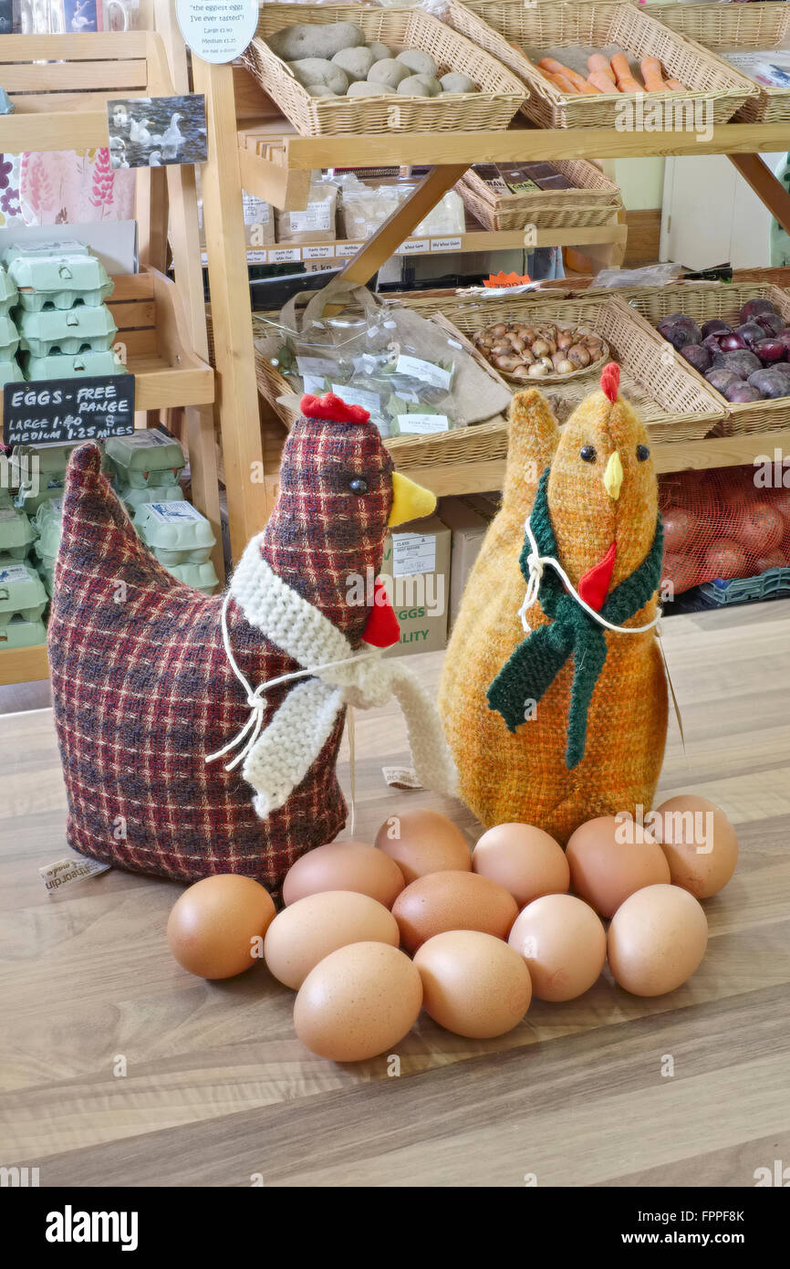 Two Fabric Chickens with Free Range Eggs Displayed in Farm Shop Stock ...