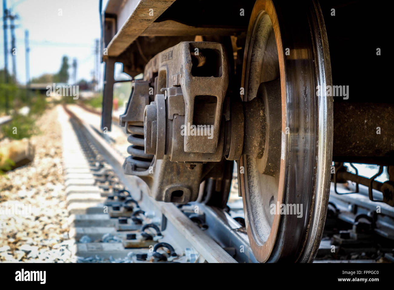 Wheels, tracks, levers, springs and all other train things Stock Photo ...