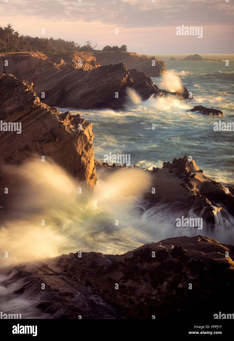 Waves and setting sun at Shore Acres State Park, Oregon Stock Photo - Alamy