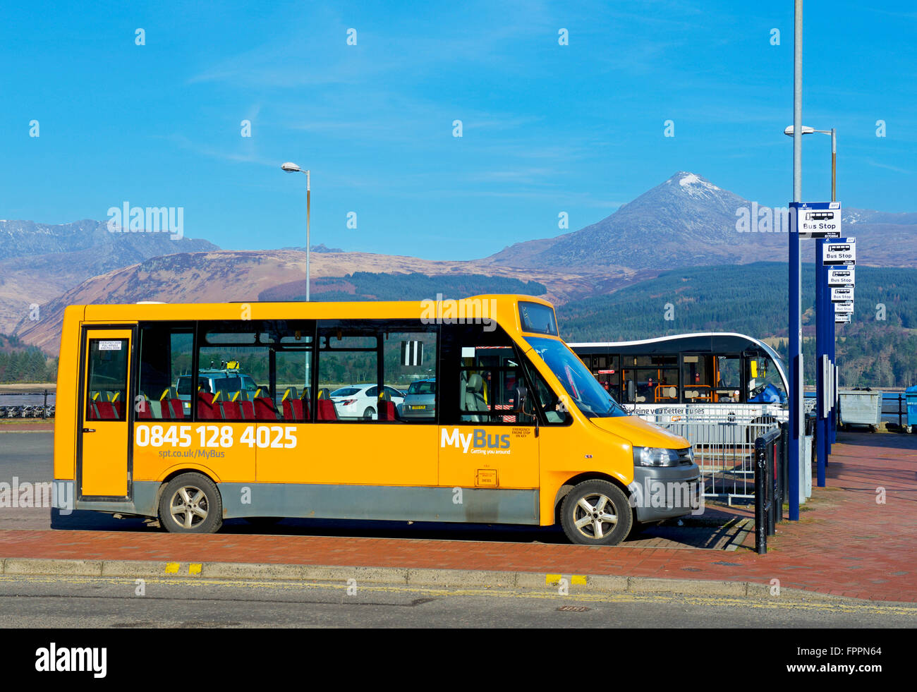 Bus at bus station, Brodick, Isle of Arran, North Ayrshire, Scotland UK ...