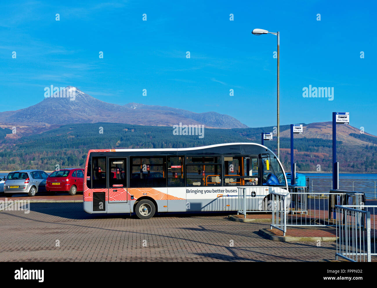 Bus at bus station, Brodick, Isle of Arran, North Ayrshire, Scotland UK ...
