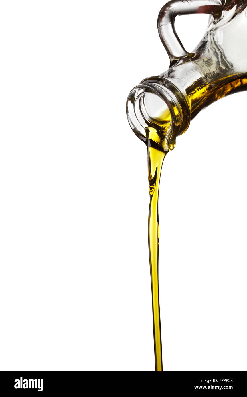 Olive oil flowing from carafe isolated on white background Stock Photo ...