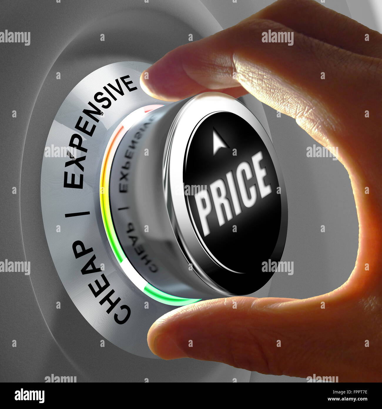 Hand adjusting a button that set a price to cheap or expensive. Concept ...