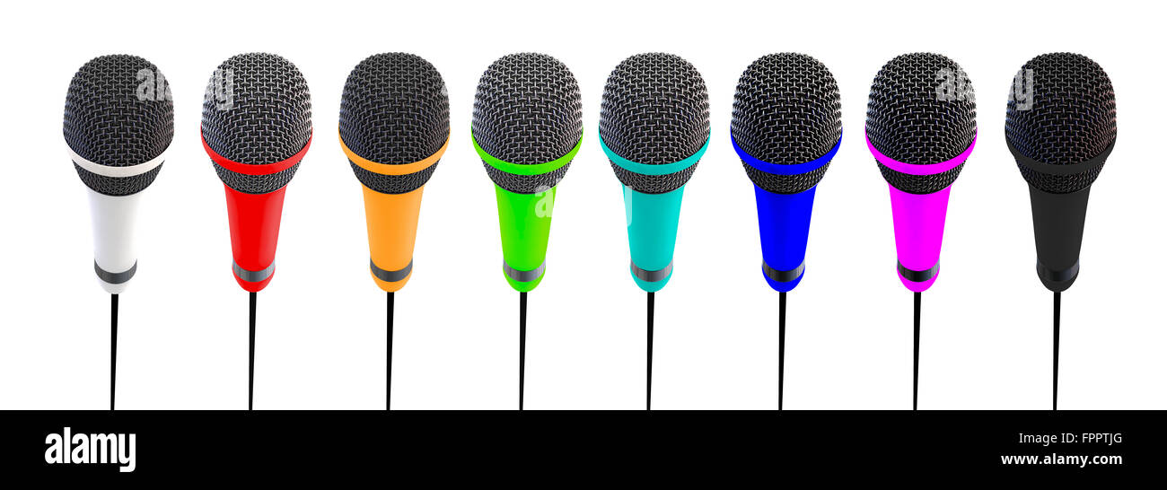 Several microphones aligned and colored. Microphones stand up Stock ...