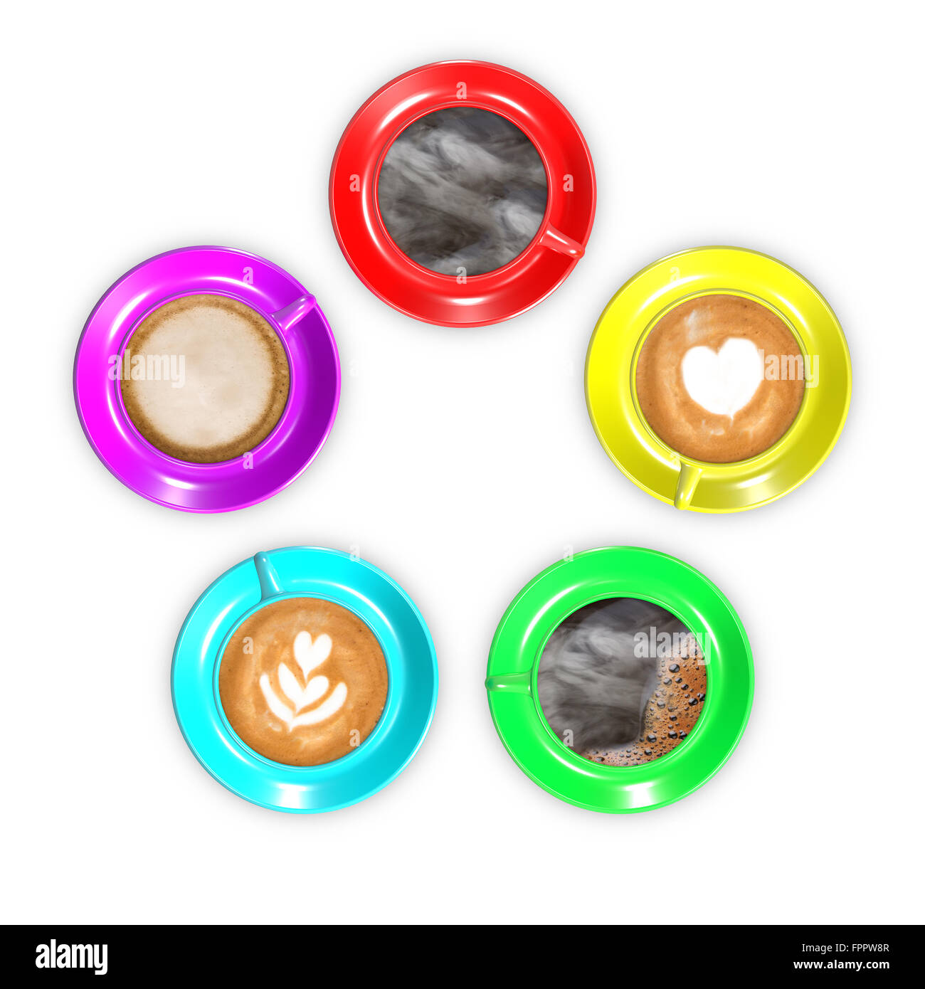 Five coffee cups arranged in circle using rainbow colours and several ...