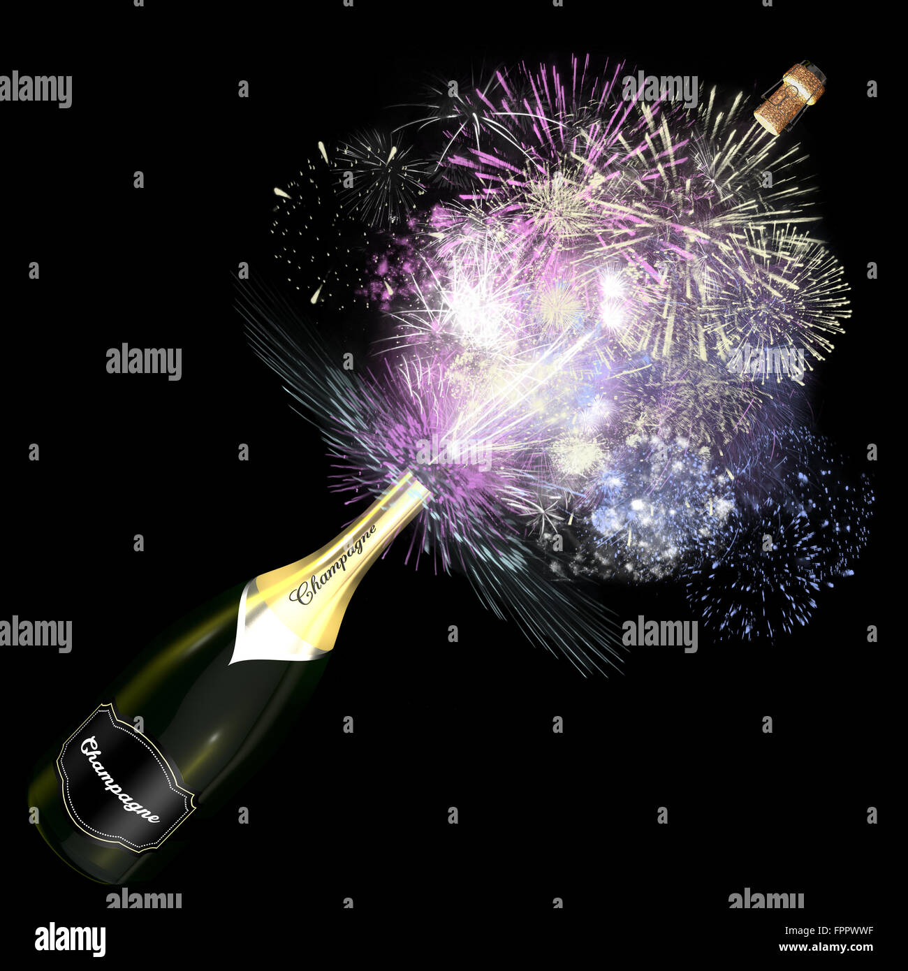 Opened bottle of champagne with giant fireworks. This illustration ...