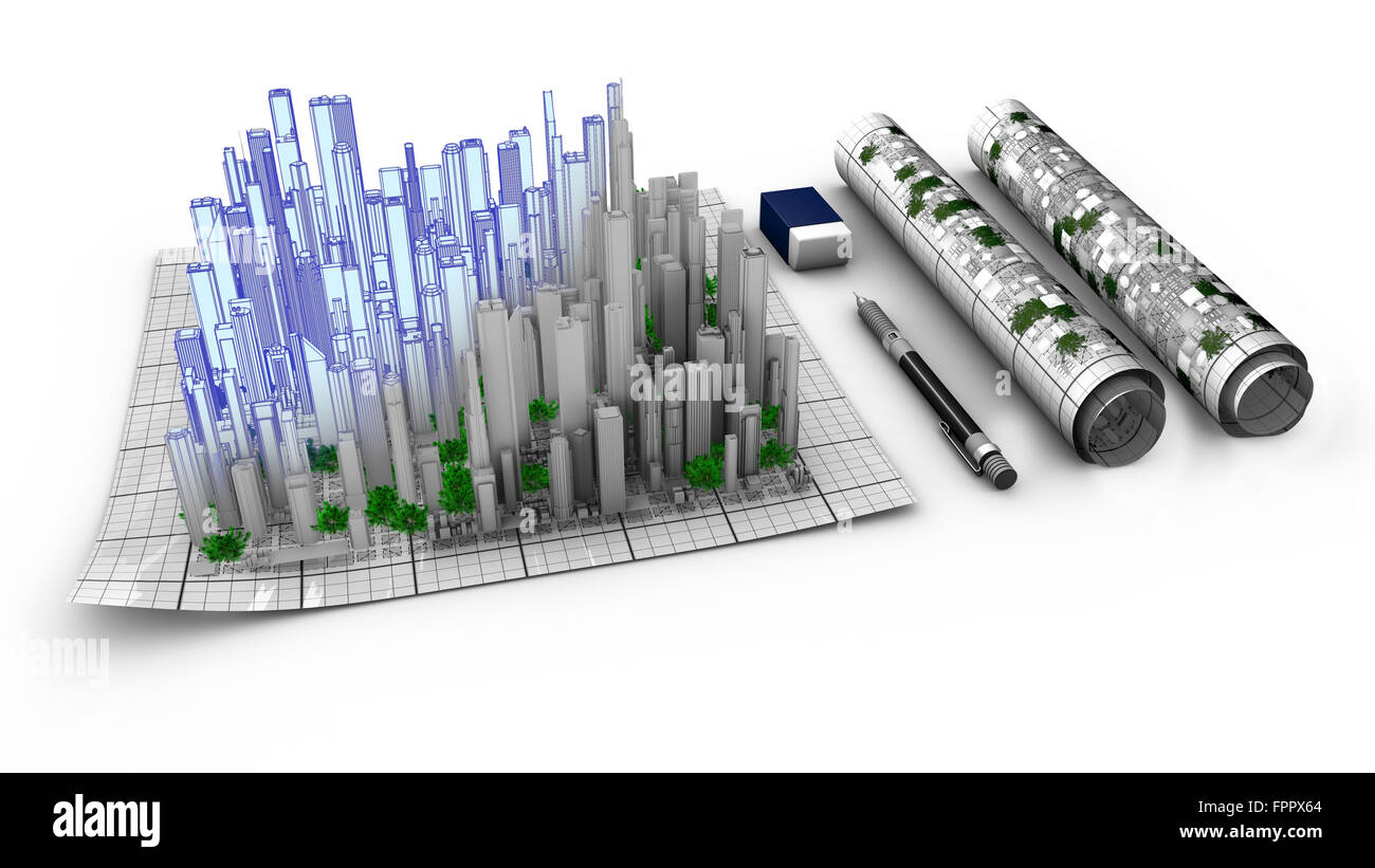 Concept of the architectural work about city creation. Schematics, map ...
