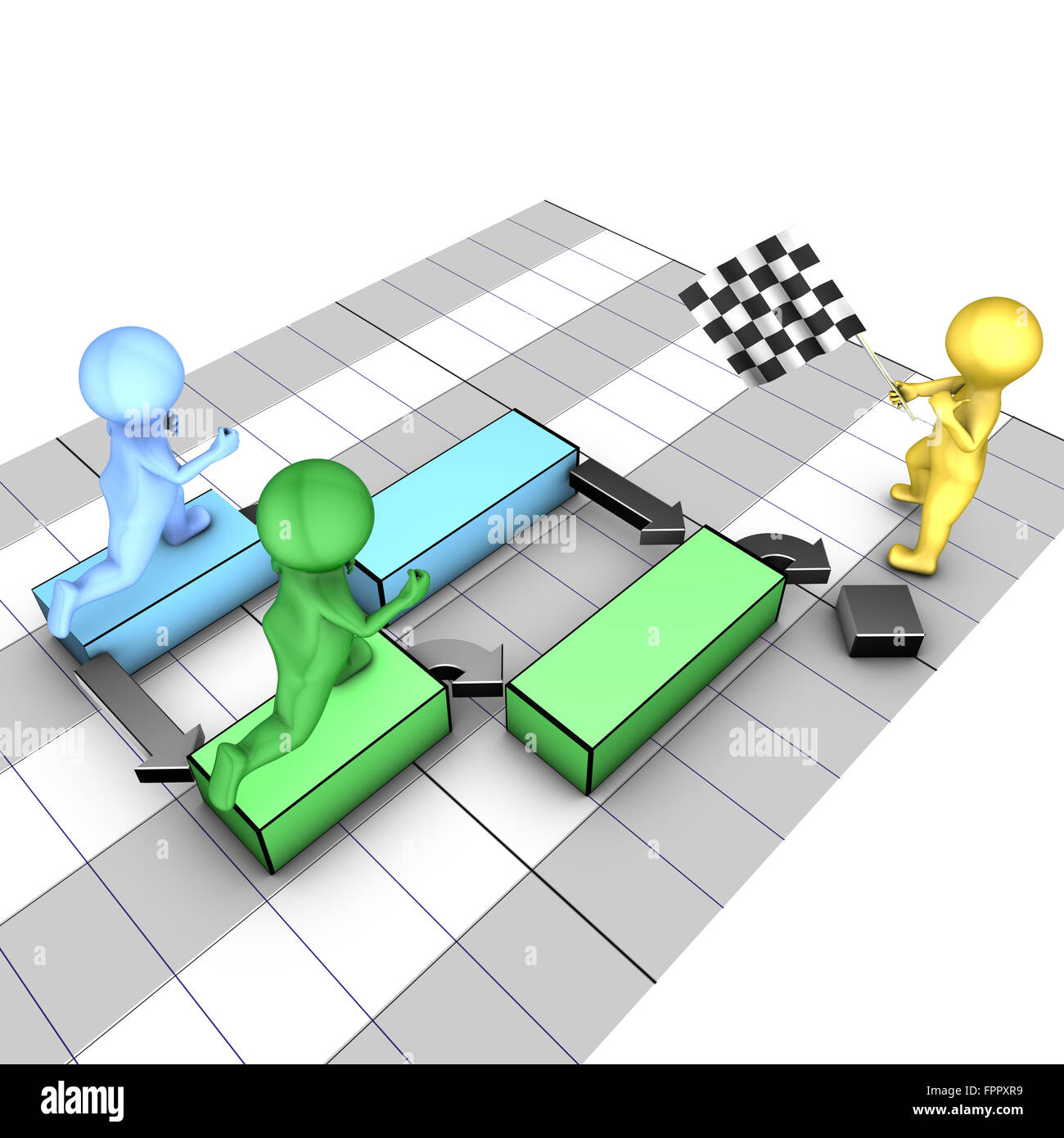 Concept of gantt chart. A team completes tasks. The flagman symbolizes ...