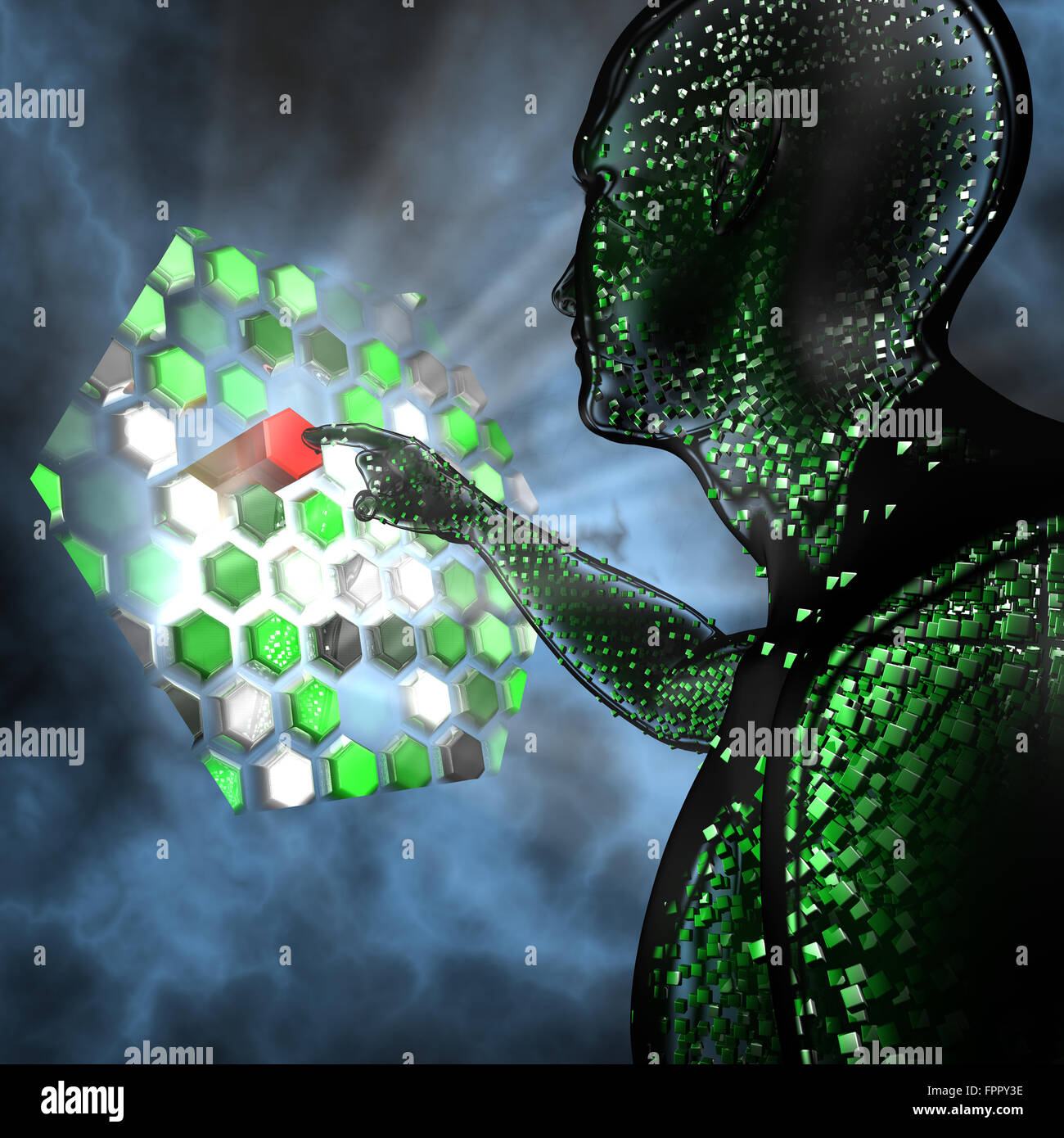 Humanoid touching a futuristic computer panel Stock Photo - Alamy