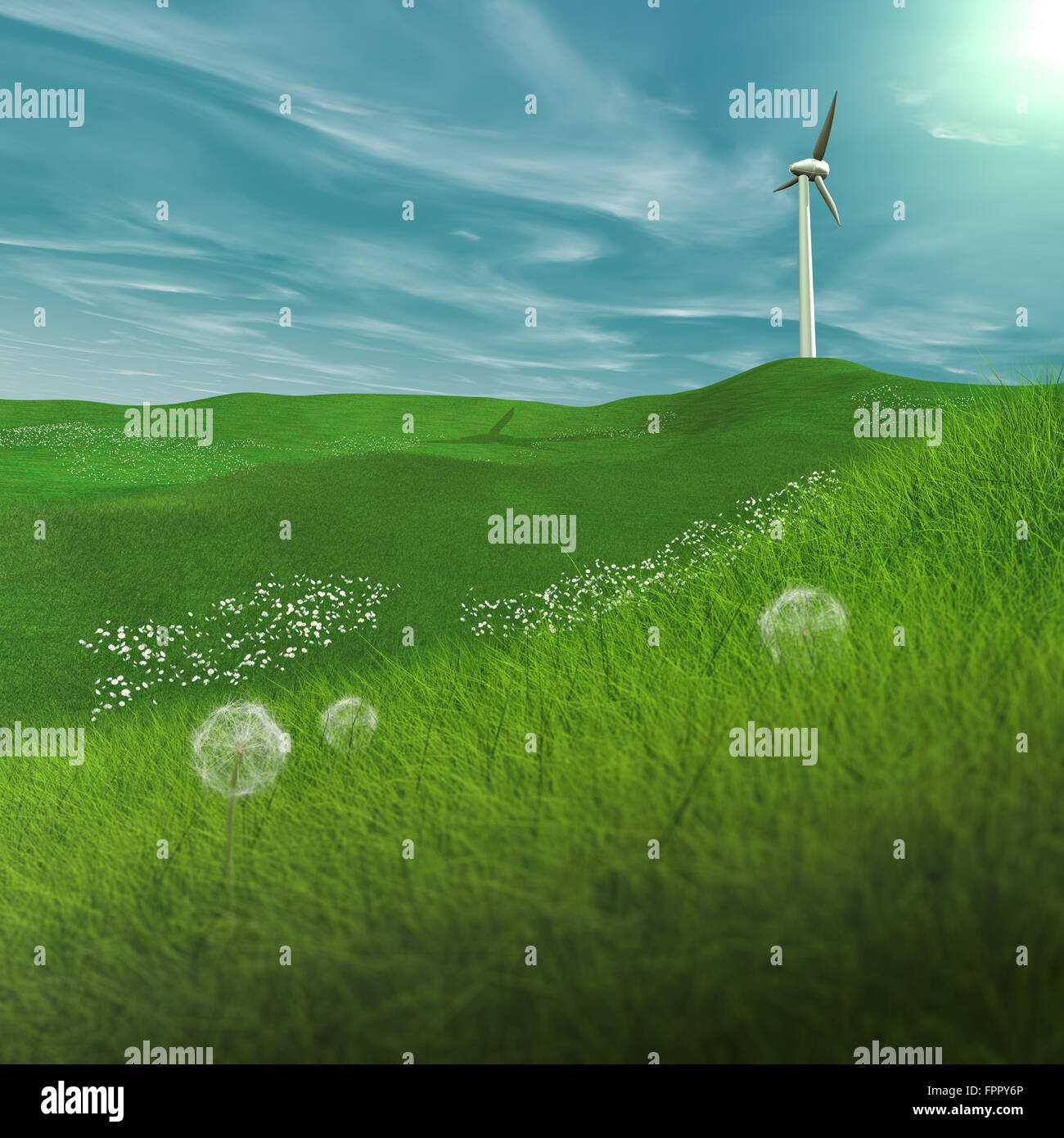 In spring, a wind turbine on a plain, generates electricity Stock Photo ...
