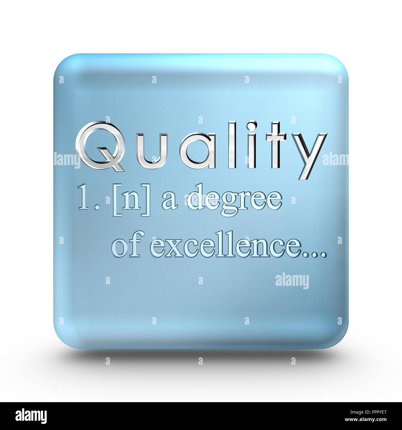 Quality definition engraved into a blue ice cube Stock Photo - Alamy