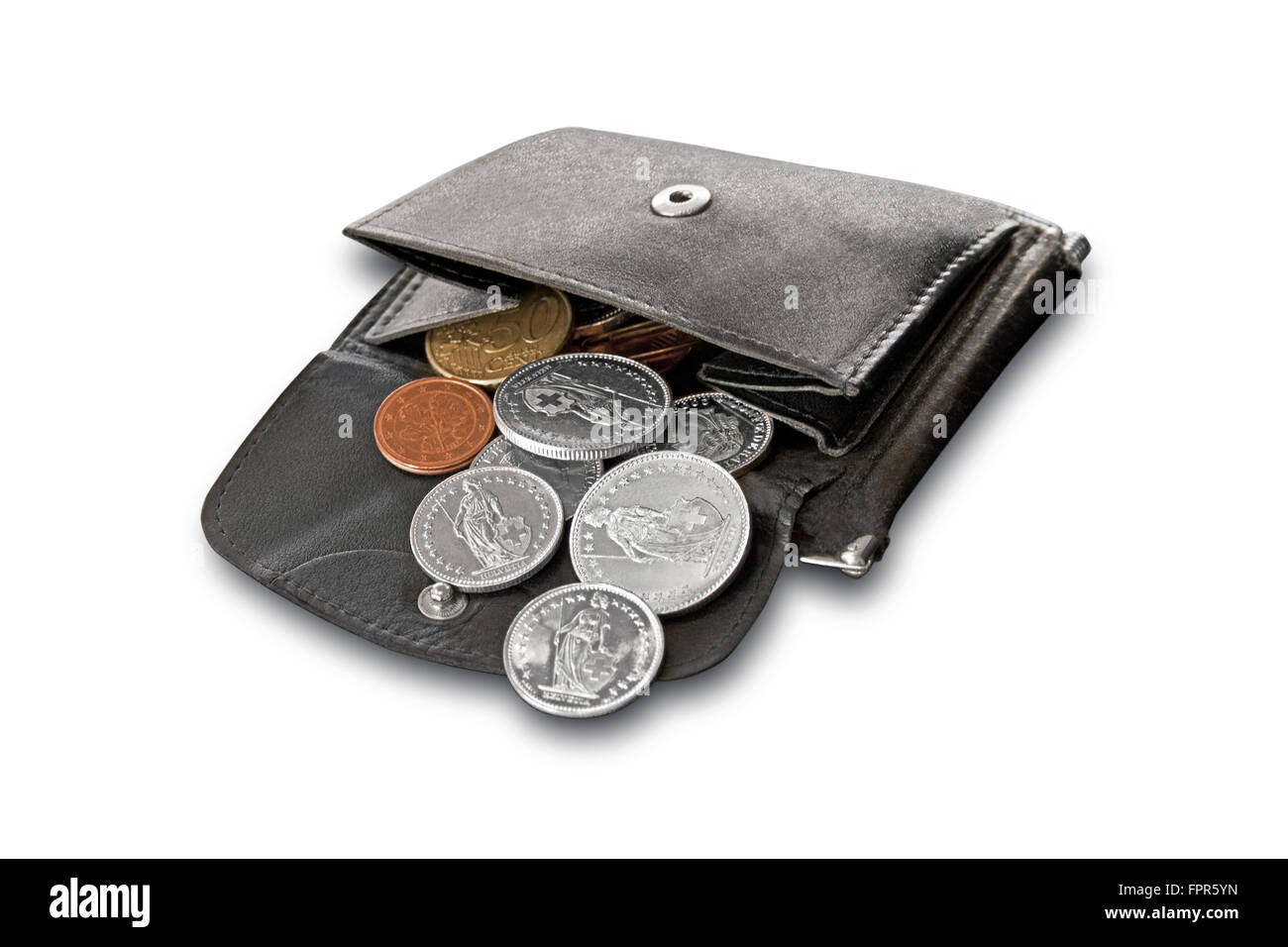 Purse filled with euro and Swiss coins Stock Photo - Alamy