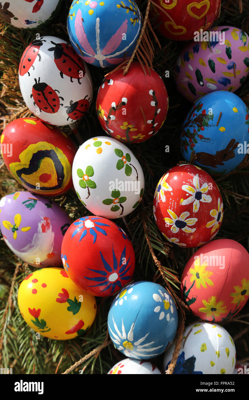 Easter eggs exposed in front of the parish church of St. Stephen in ...