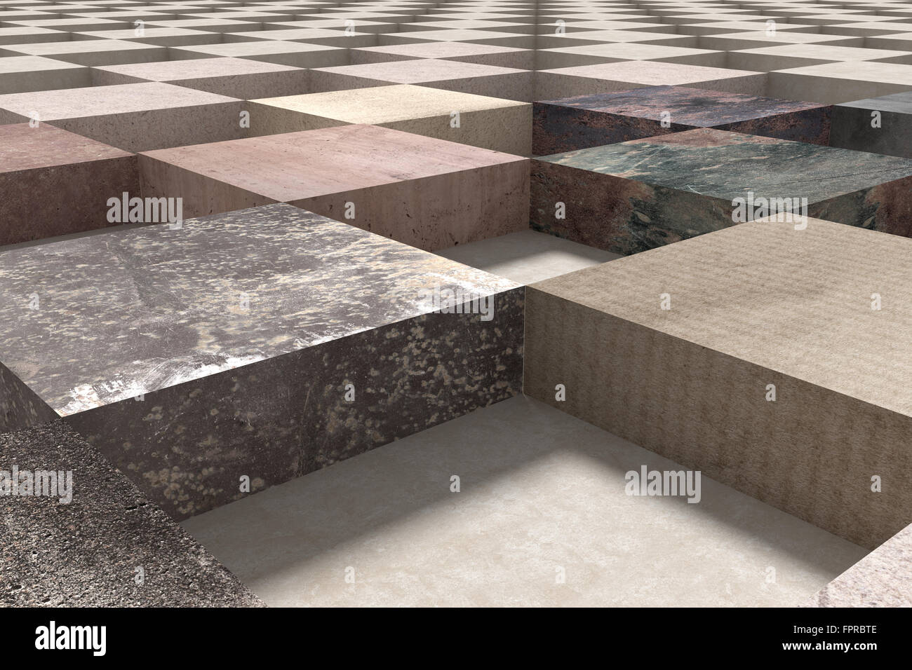 3d rendering of side view on wall made of different square elements ...