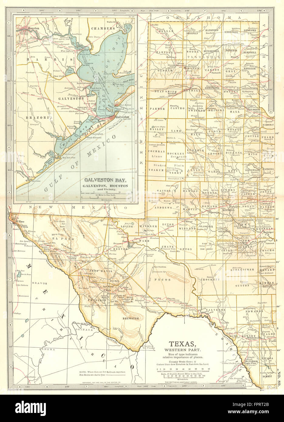 TEXAS WEST: State map showing counties. Inset Galveston Bay, Houston ...