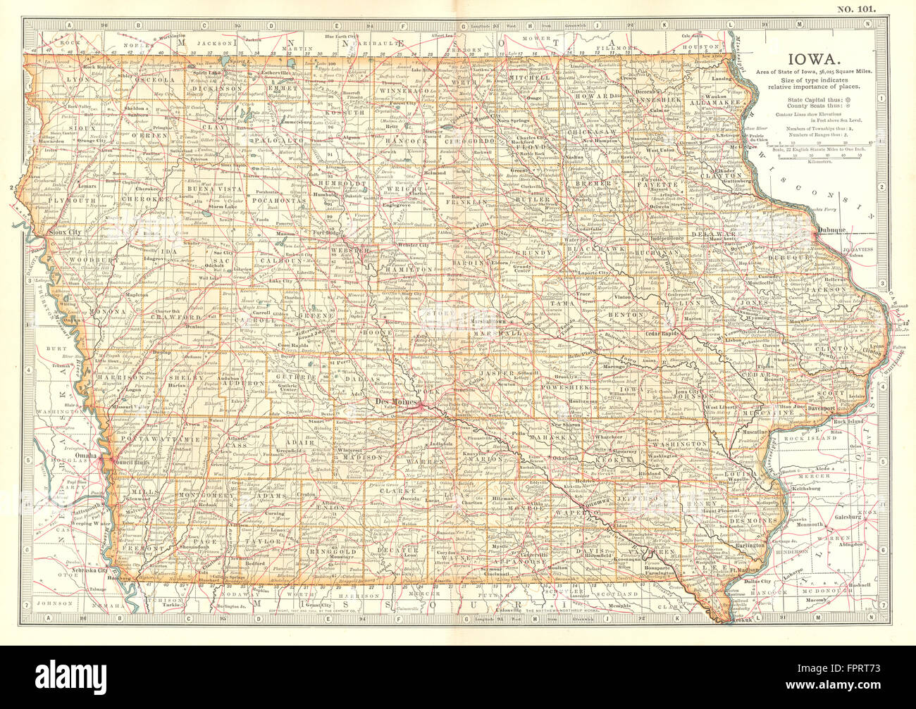 IOWA: State map showing counties. Britannica 10th edition., 1903 Stock ...