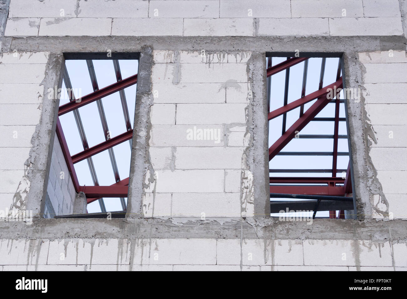 window and white Lightweight Concrete wall of New Home at construction ...
