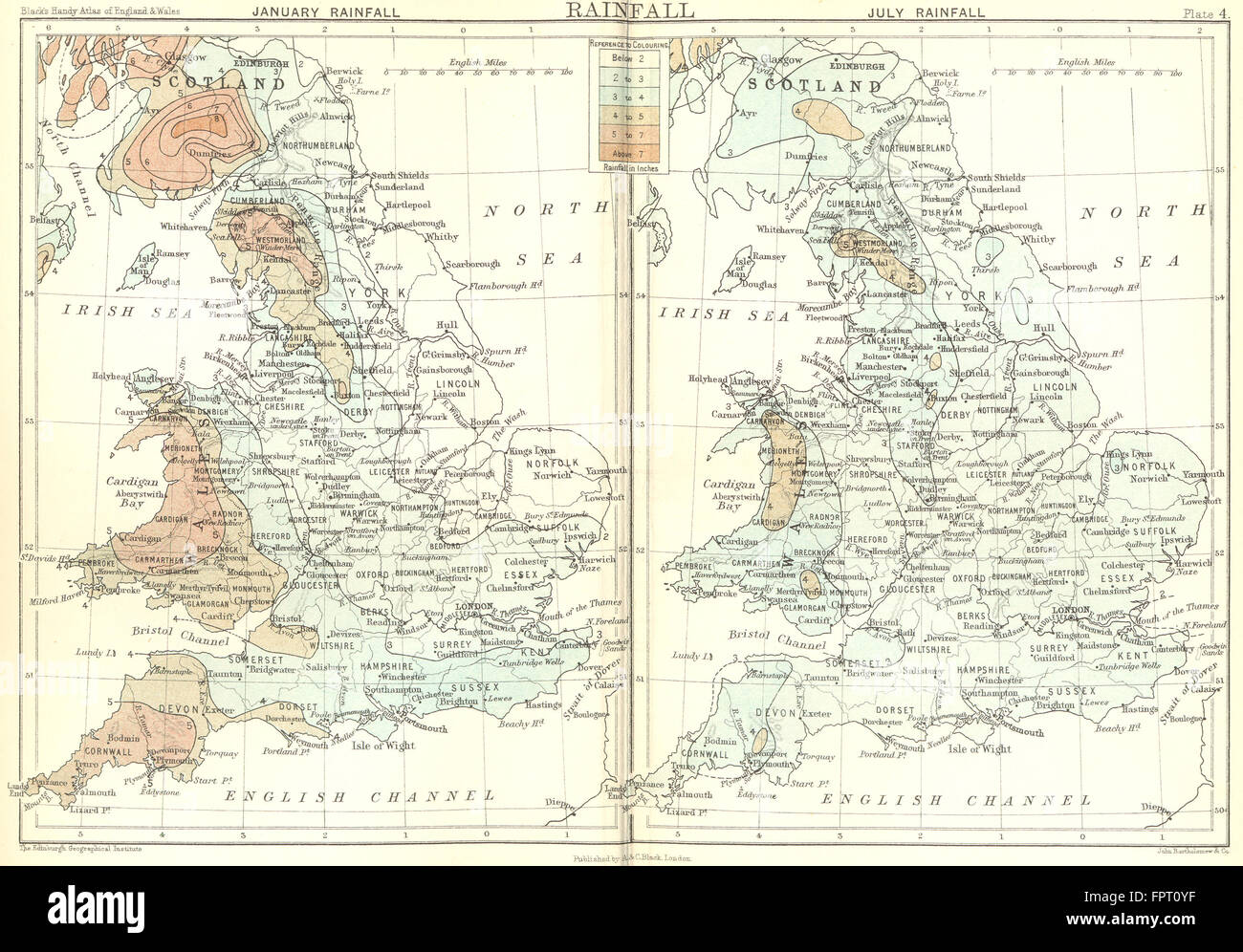 UK: Rainfall: England Wales Scotland, 1892 antique map Stock Photo - Alamy
