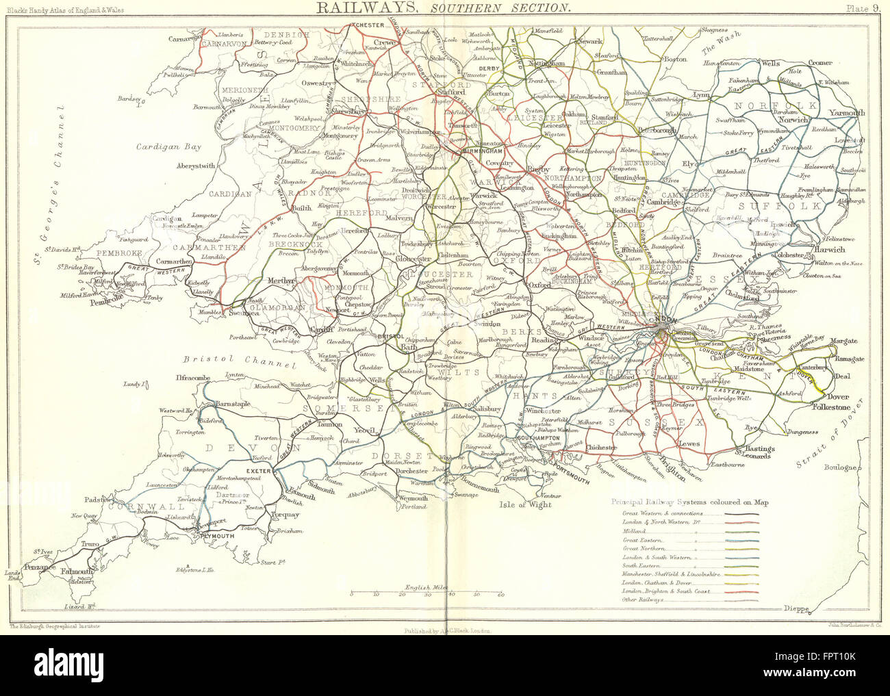 UK: Railways, South: England Wales: Black, 1892 antique map Stock Photo ...