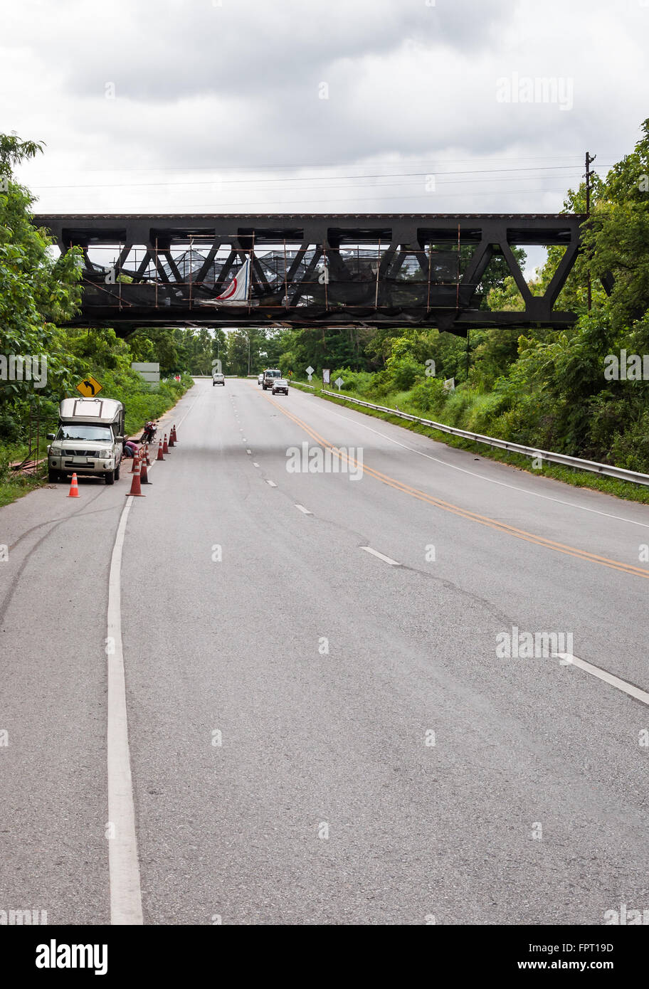 Steel railway bridge which under maintenance time is across the local ...