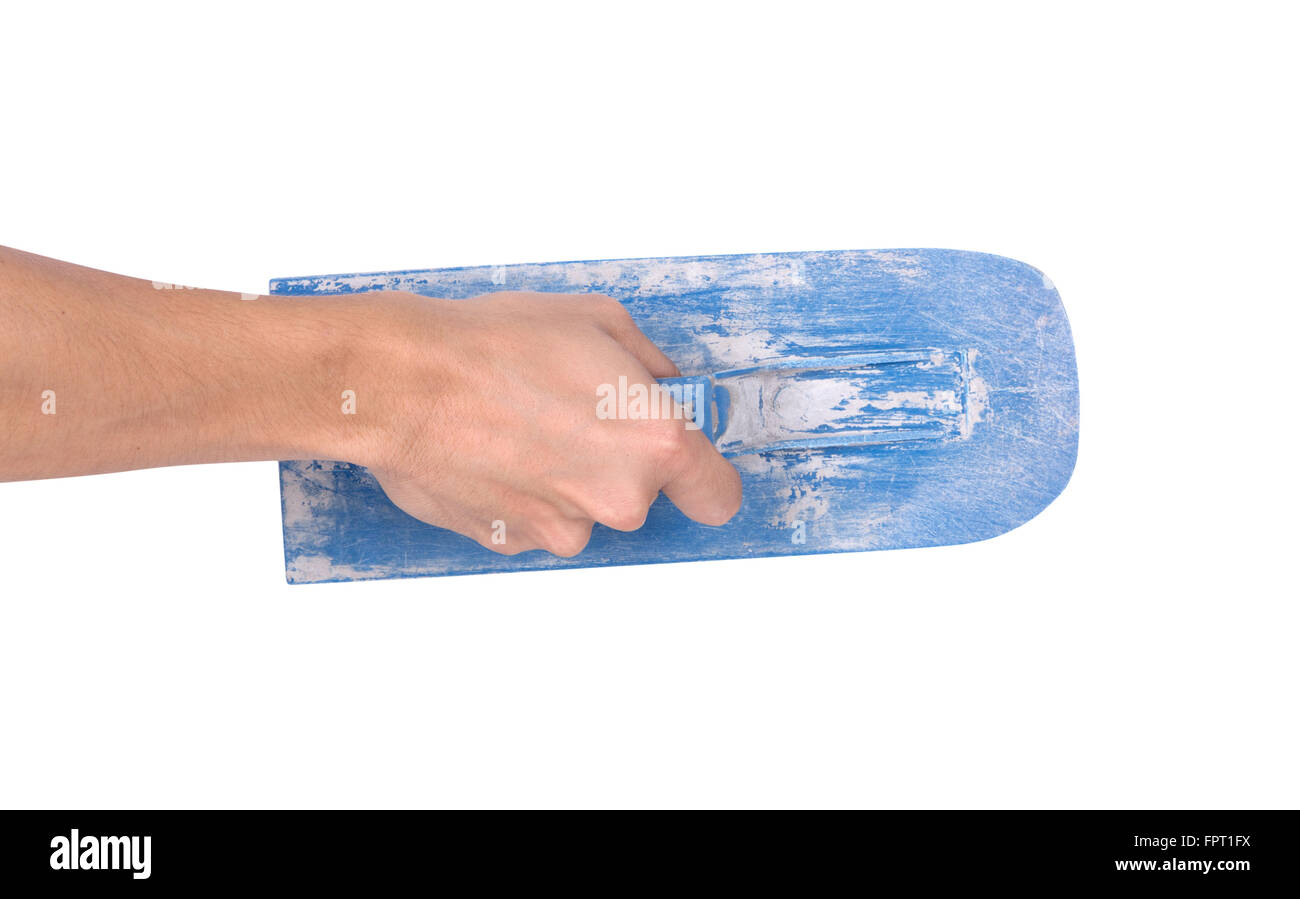 Old trowel in hand isolated on white background Stock Photo - Alamy
