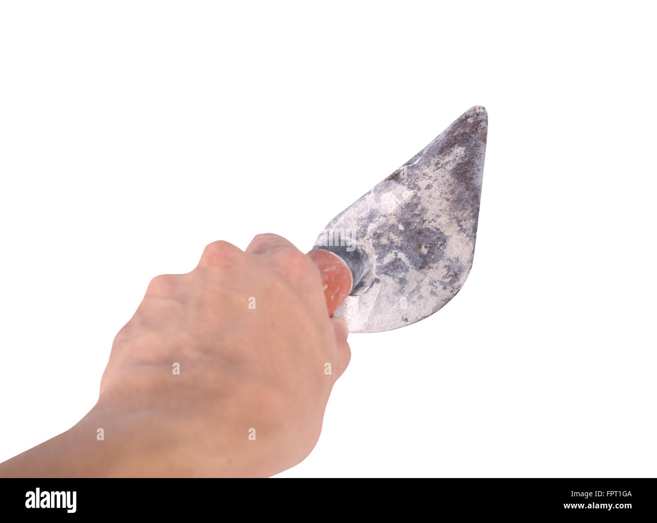 Old trowel in hand isolated on white background Stock Photo - Alamy