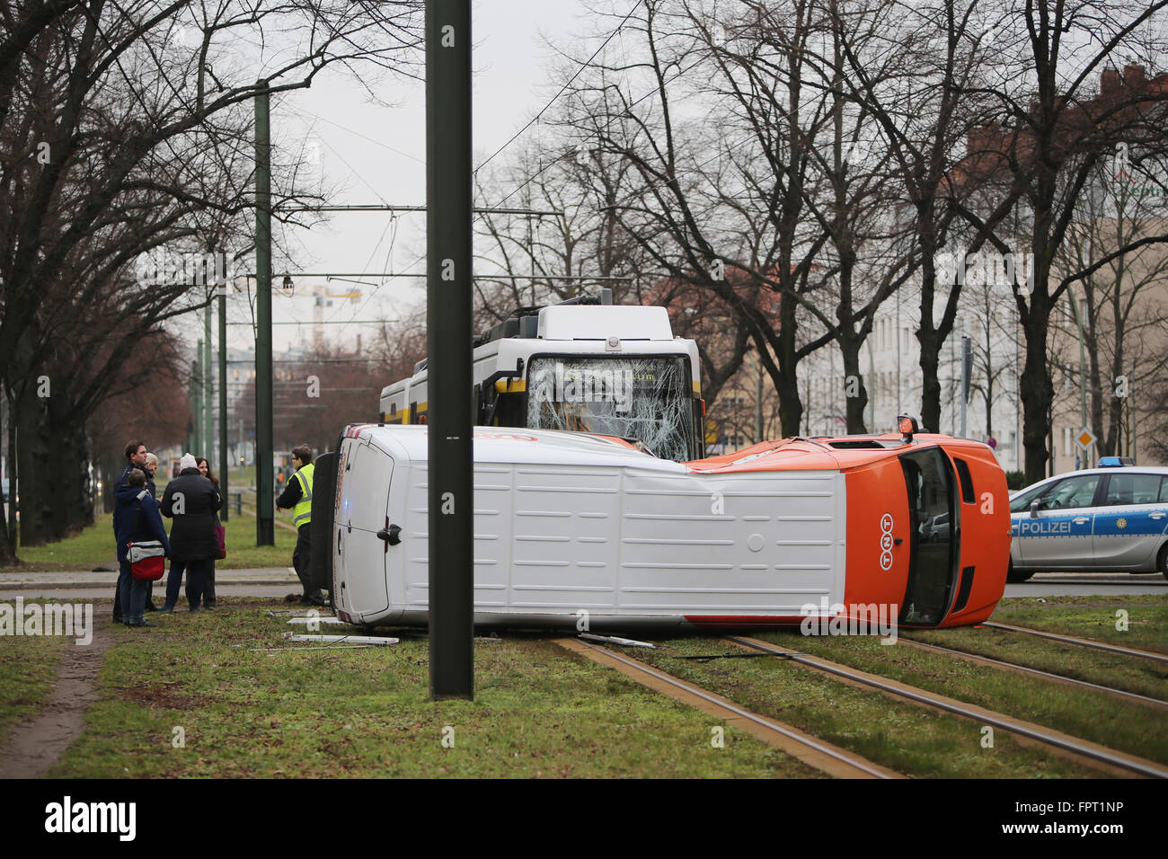 A tram crashes into a TNT delivery truck in the morning at Wisbyer ...