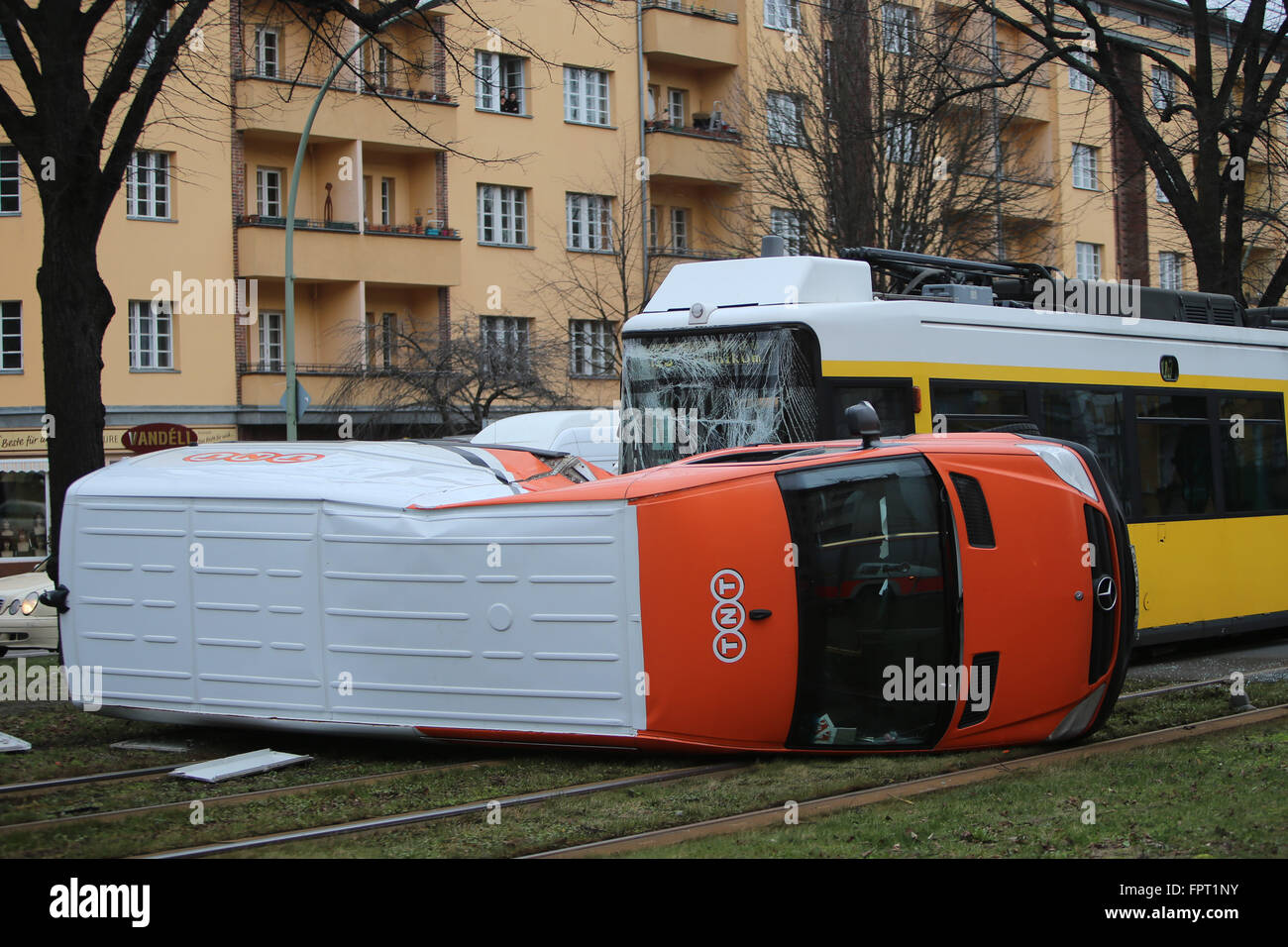 A tram crashes into a TNT delivery truck in the morning at Wisbyer ...