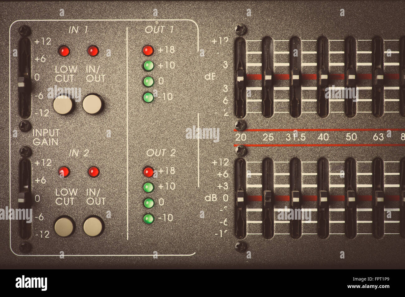 Color image of many buttons on a sound mixer in a recording studio ...