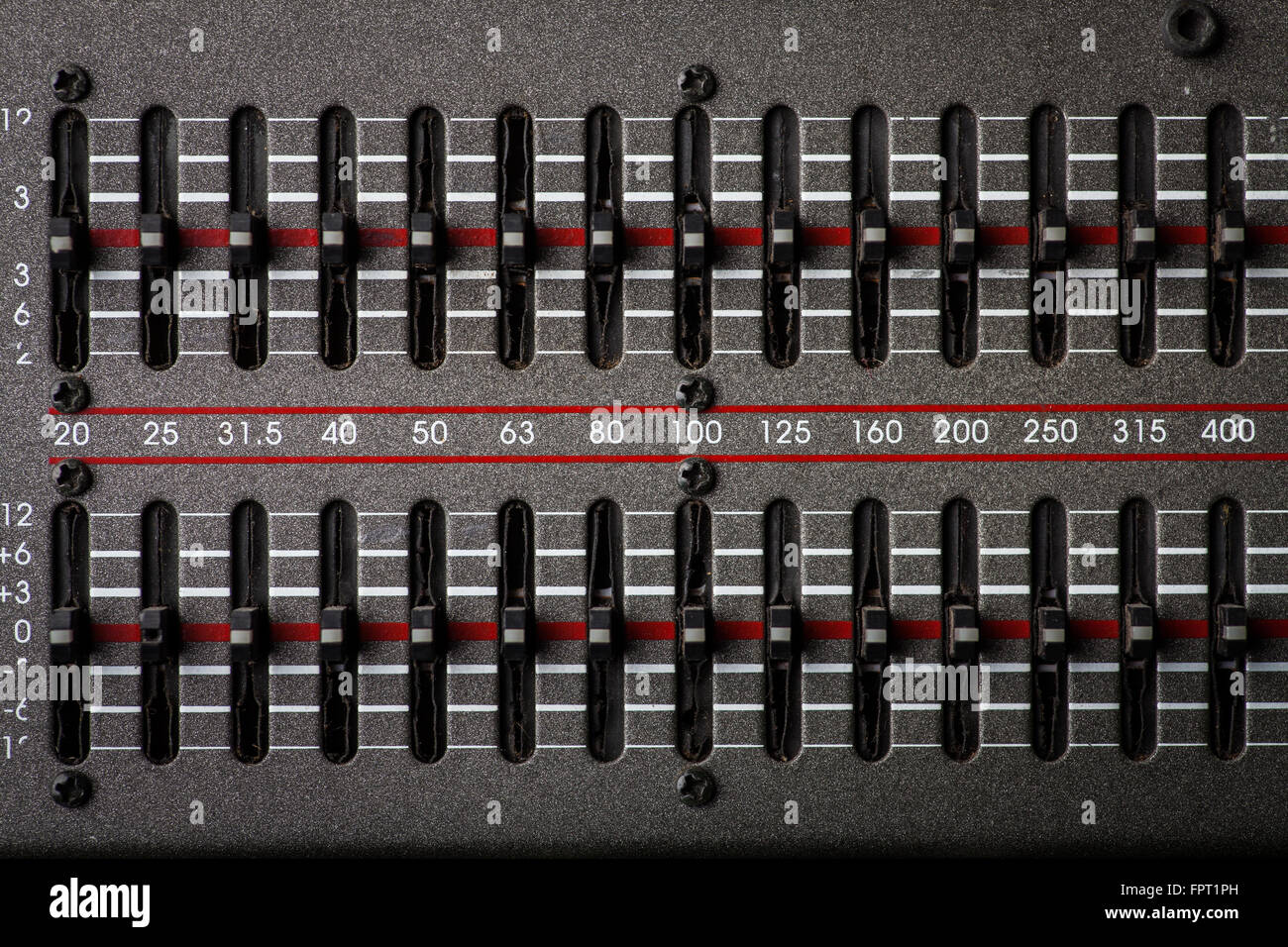 Color image of many buttons on a sound mixer in a recording studio ...