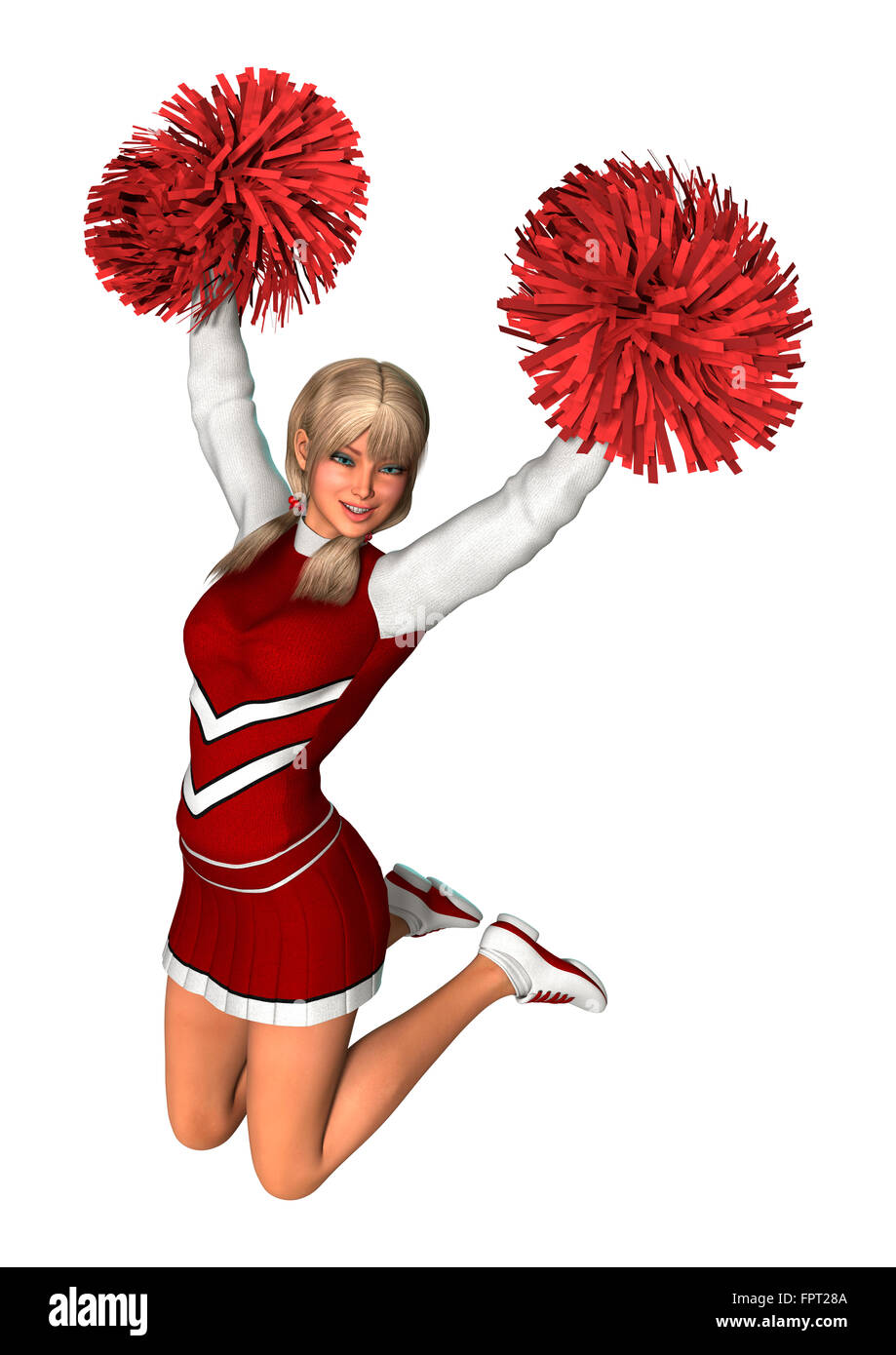 Digital render of a young cheerleader with pompoms isolated on white ...
