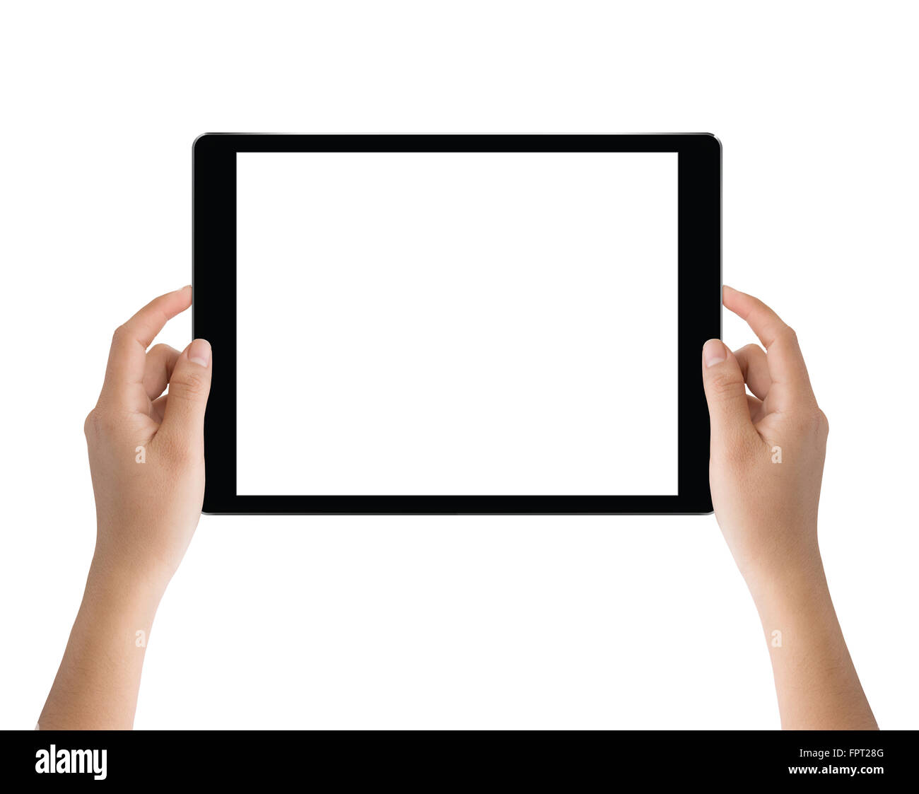 hand holding black tablet isolated on white clipping path inside easy ...